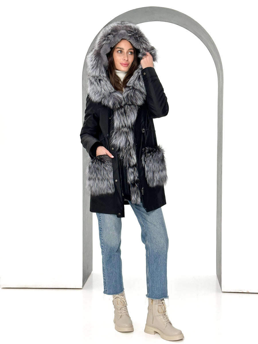 Roma Genuine Silver Fox Fur Rabbit Fur Insulated Parka in Black ...