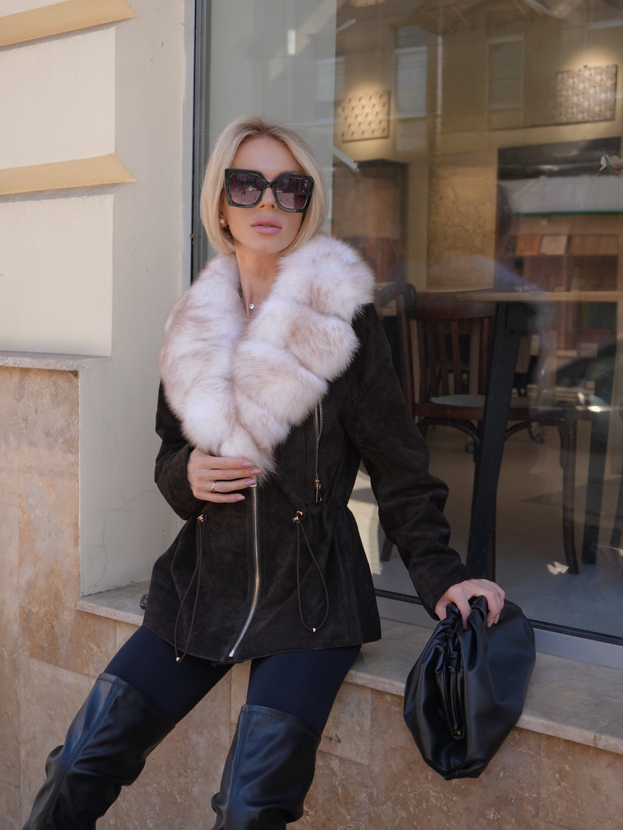 Vivienne Genuine Suede Polar Fox Trim Coat in Cognac – Alaska ...